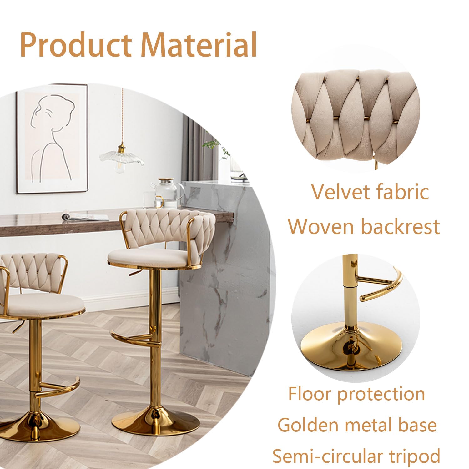 Riknuxi Gold Velvet Bar Stools Set of 4, Counter Height Bar Stools with Low Back, Swivel Bar Stool for Kitchen Island, Bar Pub (Beige)