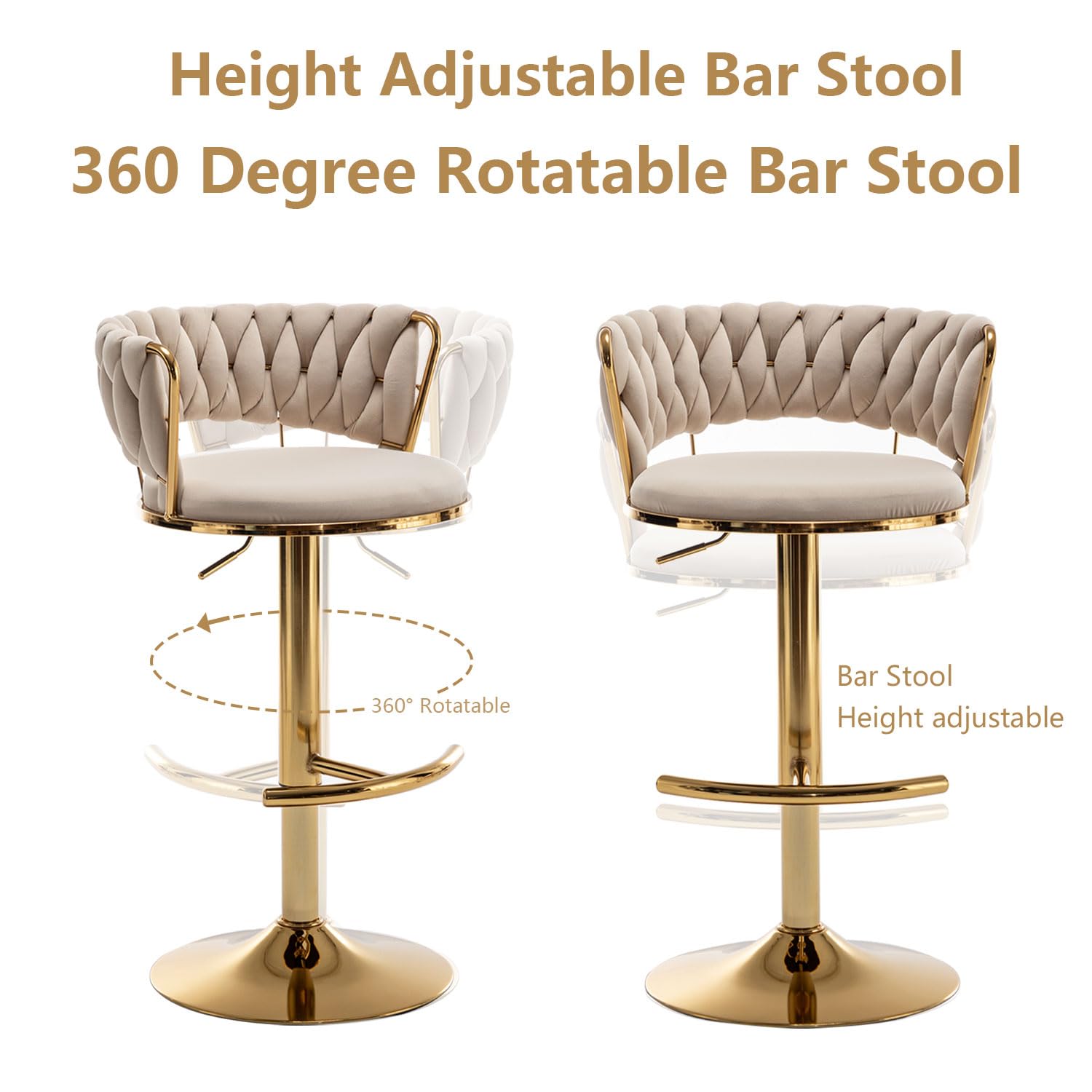 Riknuxi Gold Velvet Bar Stools Set of 4, Counter Height Bar Stools with Low Back, Swivel Bar Stool for Kitchen Island, Bar Pub (Beige)