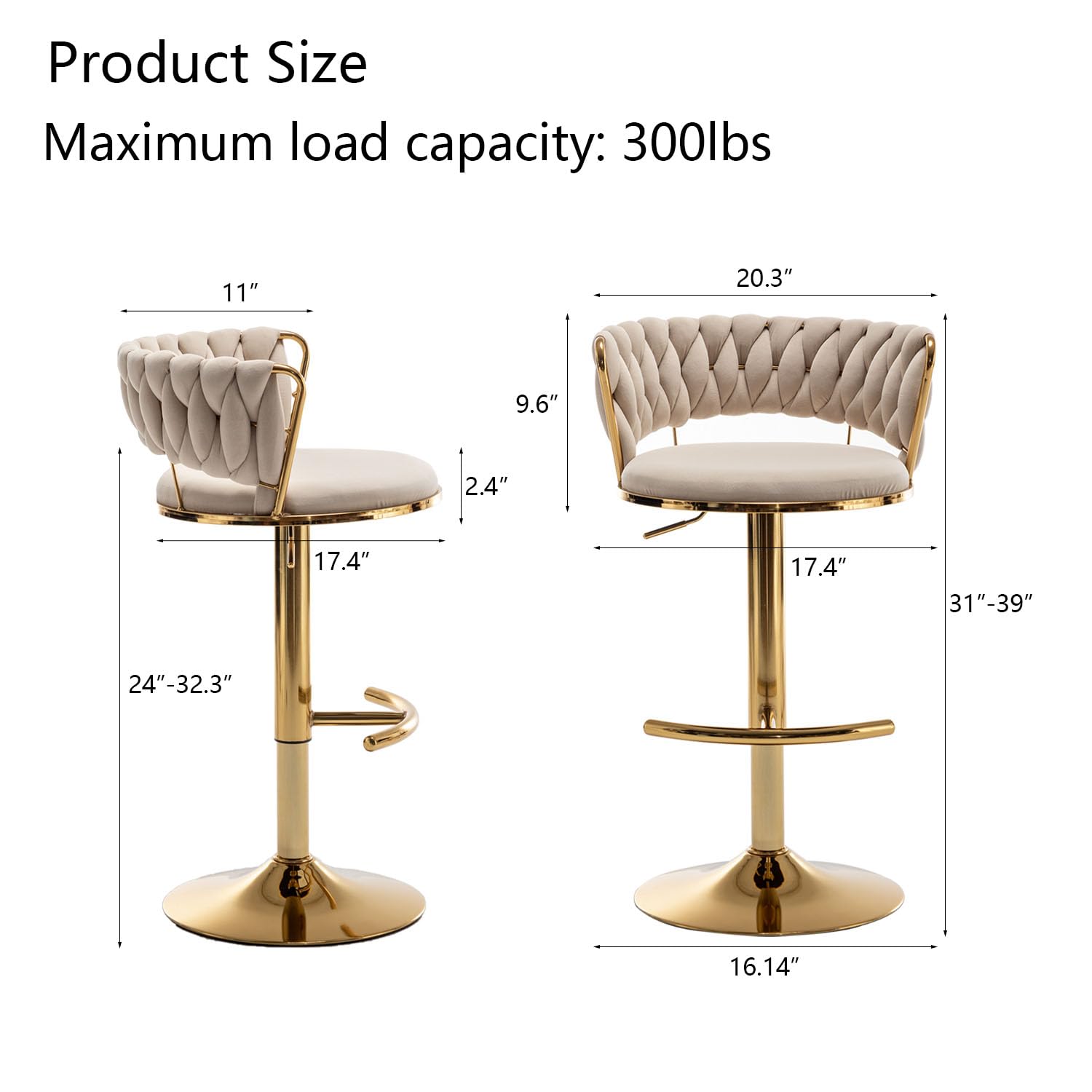 Riknuxi Gold Velvet Bar Stools Set of 4, Counter Height Bar Stools with Low Back, Swivel Bar Stool for Kitchen Island, Bar Pub (Beige)
