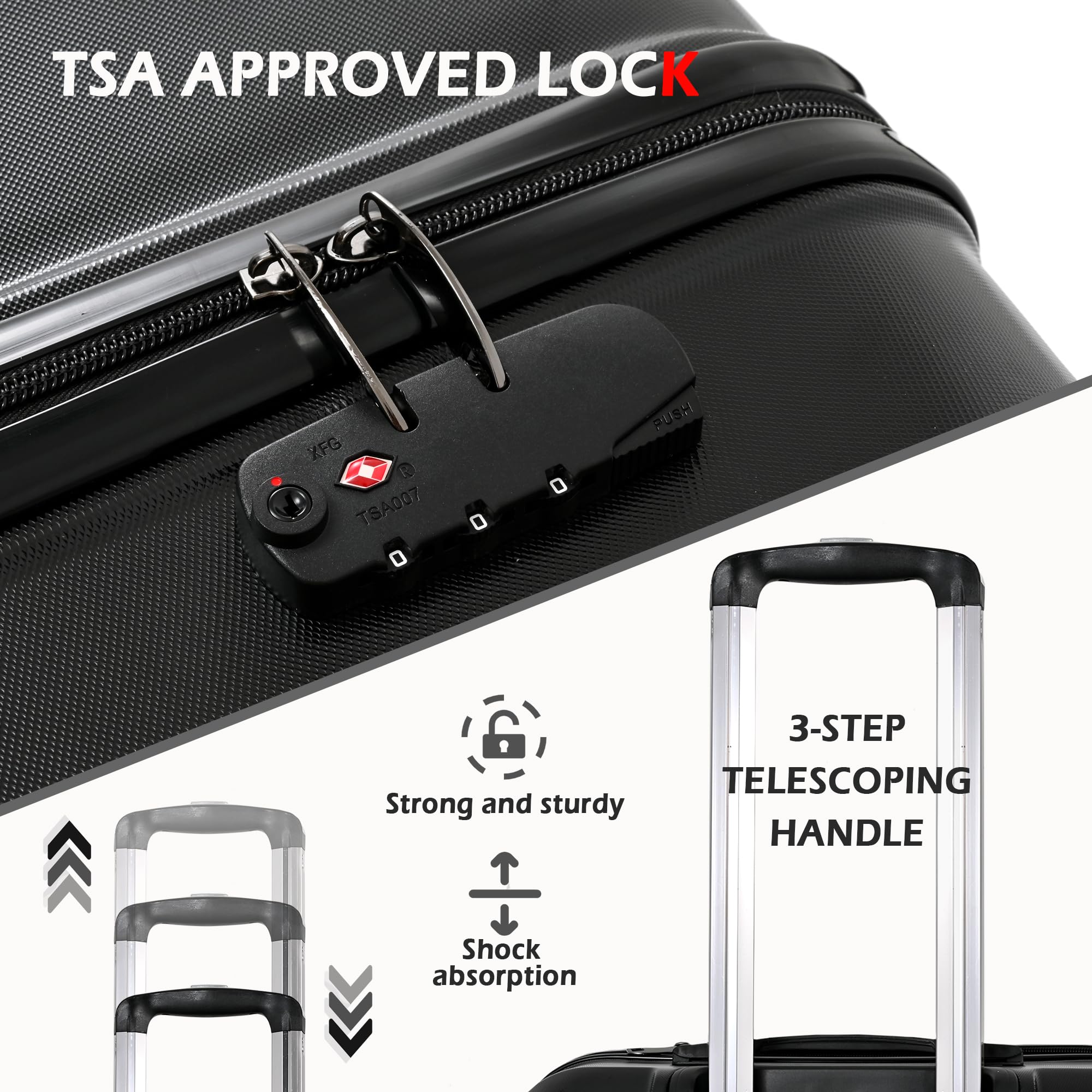 Luggage Sets 3 Piece, ABS+PC Hard Case Lightweight Suitcase Set, with TSA Lock and Spinning Silent Wheels, Large Suitcase (20/24/28),Black