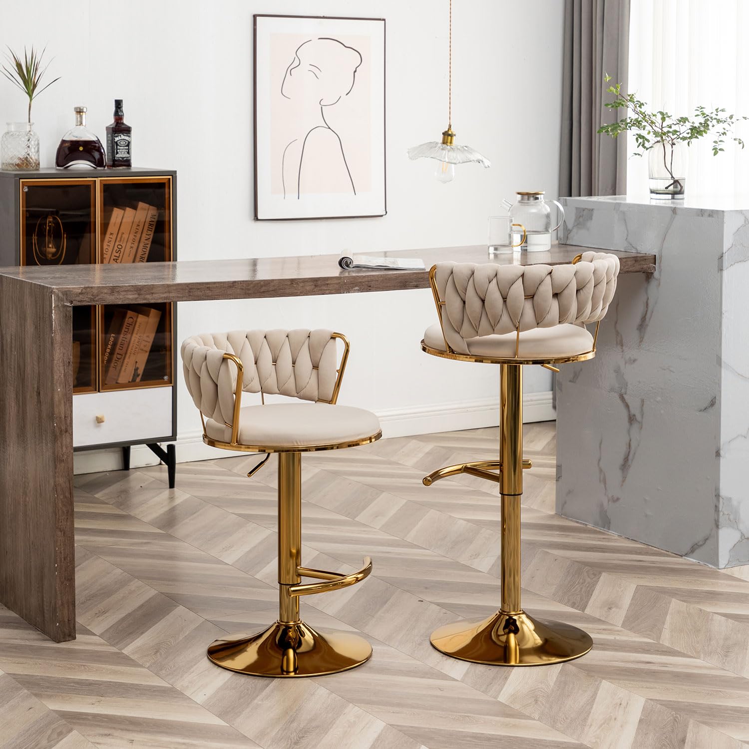 Riknuxi Gold Velvet Bar Stools Set of 4, Counter Height Bar Stools with Low Back, Swivel Bar Stool for Kitchen Island, Bar Pub (Beige)