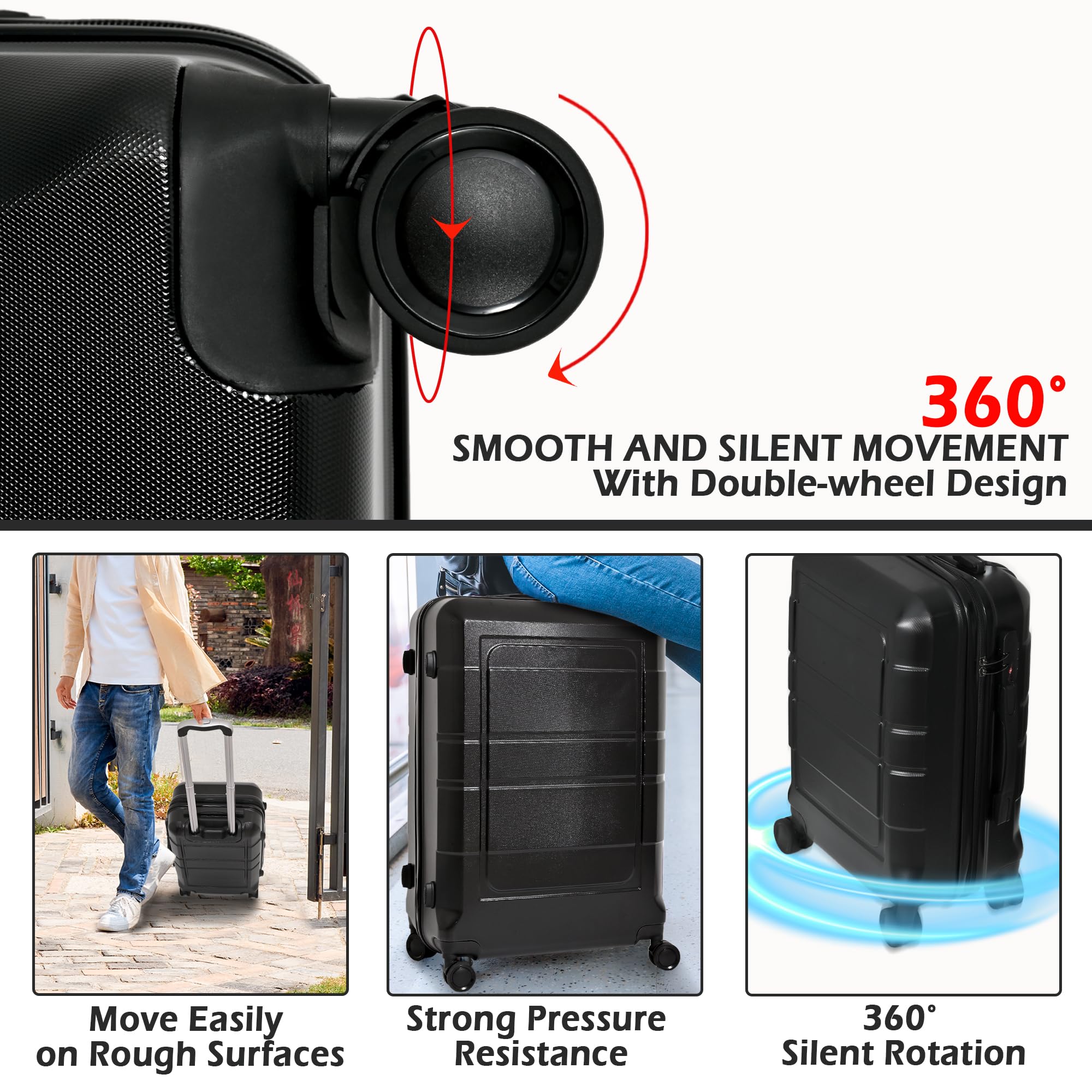 Luggage Sets 3 Piece, ABS+PC Hard Case Lightweight Suitcase Set, with TSA Lock and Spinning Silent Wheels, Large Suitcase (20/24/28),Black