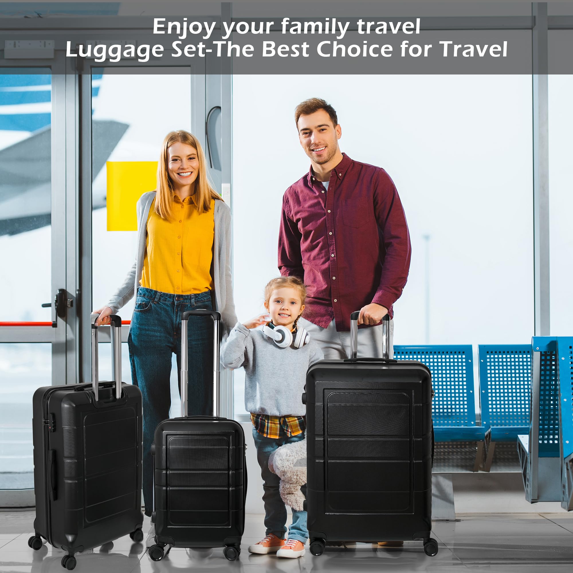 Luggage Sets 3 Piece, ABS+PC Hard Case Lightweight Suitcase Set, with TSA Lock and Spinning Silent Wheels, Large Suitcase (20/24/28),Black