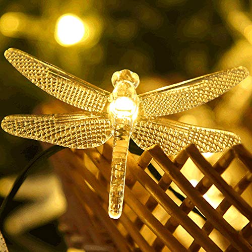 ASFSKY Solar Dragonfly Lights Outdoor 50 LED Dragonfly Lights Waterproof Decorative Lights String Dragonfly Yard Lights Solar Decorative Garden Warm White