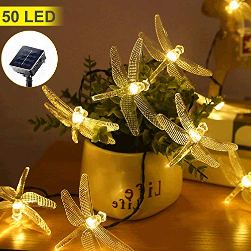 ASFSKY Solar Dragonfly Lights Outdoor 50 LED Dragonfly Lights Waterproof Decorative Lights String Dragonfly Yard Lights Solar Decorative Garden Warm White