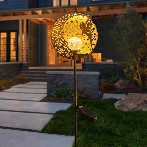 Tryme Garden Solar Lights Fairy Moon Star Glass Globe Pathway Stake Light Metal Angel Decor, Outdoor Decorative Lights Waterproof for Walkway, Yard, Lawn, Patio or Courtyard (Warm White)
