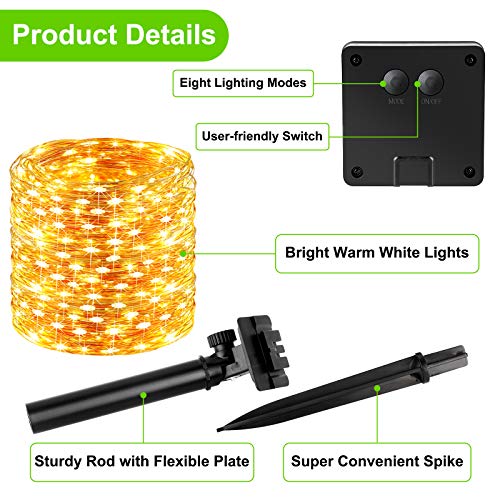Outdoor Solar String Lights Waterproof 288Ft, 4-Pack Each 72FT 200 LED Solar Powered Fairy Lights with 8 Lighting Modes, Cooper Wire Lights for Patio, Garden, Party, Wedding (Warm White)