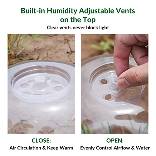 SOLIGT Garden Cloche, 10 Set Thick Plant Bell Clochoes Plastic Humidity Domes with Clear Vent & 40 Securing Pegs (7.88" D x 6.89" H) for Seed Starting and Plant Cover Protector