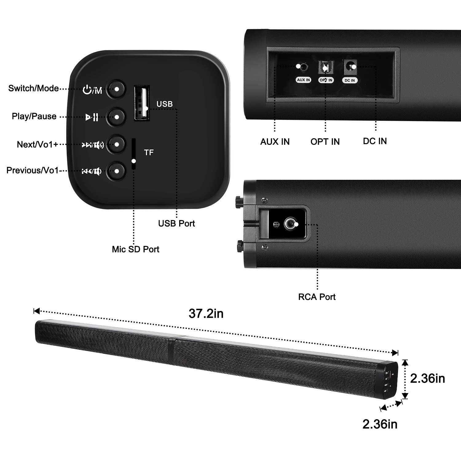 Bluetooth Sound Bars for TV 40W Home Theater Audio Detachable Sound Speaker System Optical/Aux/USB Wired TV Sound bar, 2 in 1 Surround Wall Mountable 35 Inch Separable
