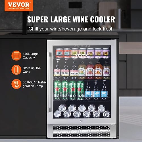 VEVOR Cooler 154 Cans Capacity Refrigerator Under Counter Built-in or Freestanding Beverage Fridge with Blue LED Light, Tempered Glass Door, Child Lock for Drink Soda Wine, Silver