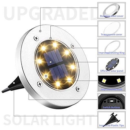 SOLPEX Solar Ground Lights, 8 LED Solar Powered Disk Lights Outdoor Waterproof Landscape Lawn Lighting for Garden Yard Deck Walkway Patio Pathway (8, Warm White)