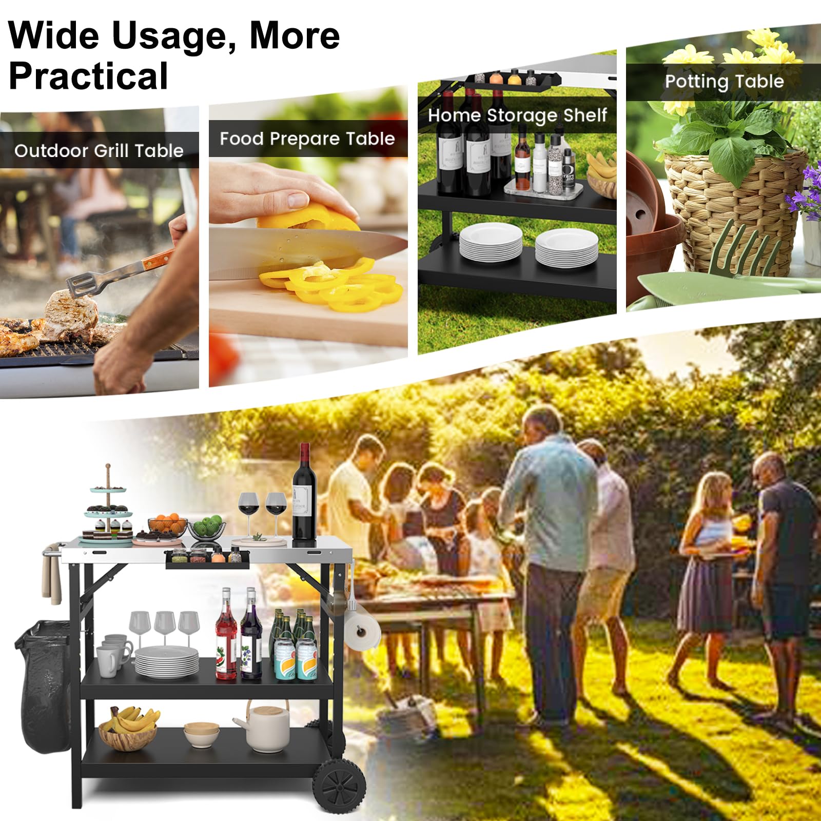 ERGOMASTER Grill Cart Table, Outdoor Kitchen Island, Food Prep Table with Adjustable Shelf, Stainless Steel Table Top, Cooking Table for Outside BBQ