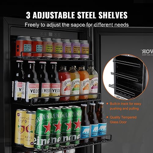 VEVOR Cooler 154 Cans Capacity Refrigerator Under Counter Built-in or Freestanding Beverage Fridge with Blue LED Light, Tempered Glass Door, Child Lock for Drink Soda Wine, Silver