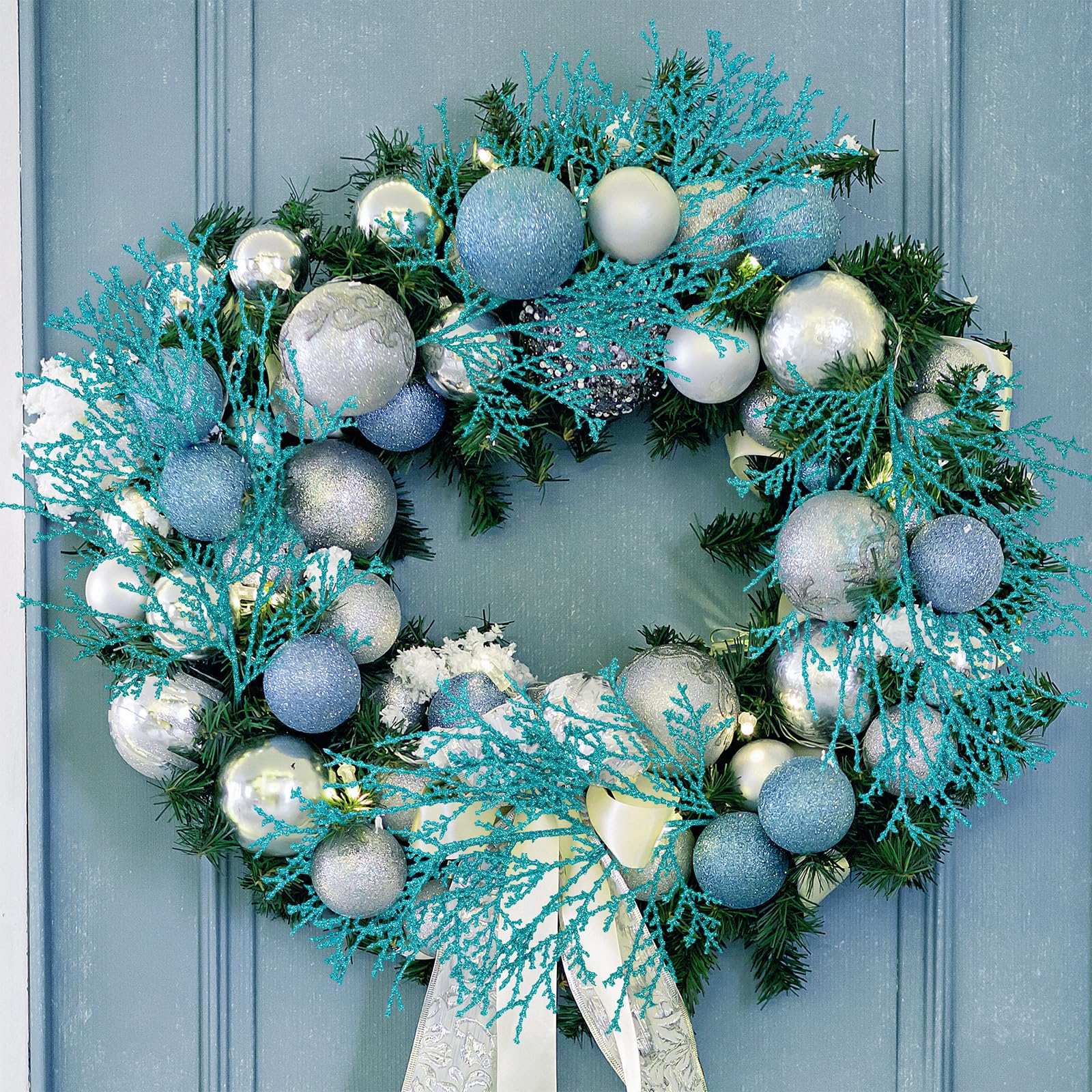Winlyn 15 Pcs Teal Glitter Artificial Cedar Picks Sprays Christmas Floral Picks Faux Cedar Branches Stems Teal Christmas Tree Picks 15.4" H for Floral Arrangement Wreath Swag Winter Centerpiece