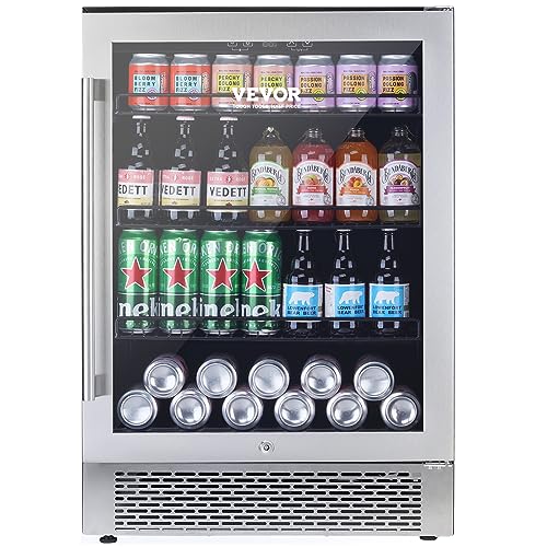 VEVOR Cooler 154 Cans Capacity Refrigerator Under Counter Built-in or Freestanding Beverage Fridge with Blue LED Light, Tempered Glass Door, Child Lock for Drink Soda Wine, Silver