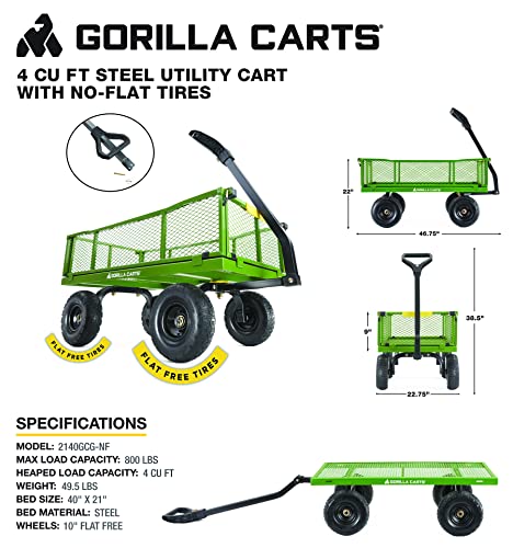 Gorilla Carts 4 Cu. Steel Utility Cart with No-Flat Tires, Green (Amazon Exclusive)