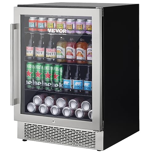 VEVOR Cooler 154 Cans Capacity Refrigerator Under Counter Built-in or Freestanding Beverage Fridge with Blue LED Light, Tempered Glass Door, Child Lock for Drink Soda Wine, Silver