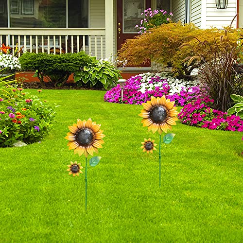 YEAHOME Garden Decor for Outside, 2 Pack Sunflower Garden Stakes Spring Decor, Metal Flowers with Shaking Head Yard Art for Outdoor Yard Lawn Patio Decoration