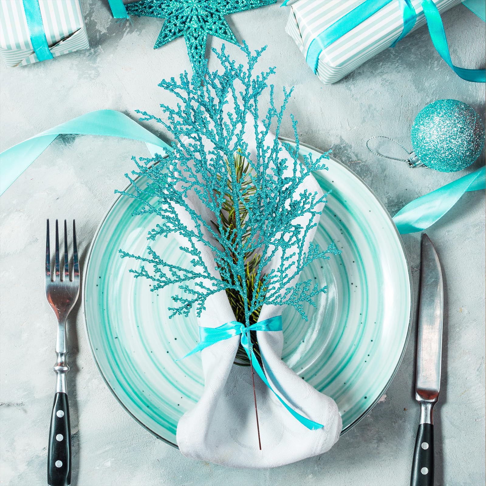 Winlyn 15 Pcs Teal Glitter Artificial Cedar Picks Sprays Christmas Floral Picks Faux Cedar Branches Stems Teal Christmas Tree Picks 15.4" H for Floral Arrangement Wreath Swag Winter Centerpiece