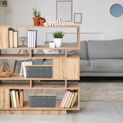 Barydat 4 Pack Plastic Storage Baskets with Bamboo Lid Pantry Organization Storage Containers Lidded Bins Container for Shelves Drawers Desktop Closet Playroom Classroom Office(Gray)