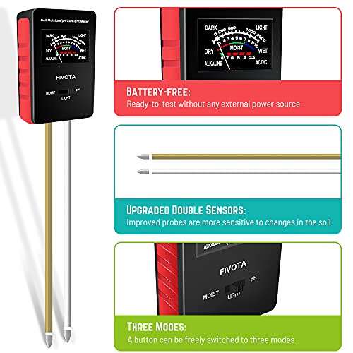 Fivota Soil pH Meter, FV03 Upgraded Large Screen Soil Moisture/Sunlight/pH Tester Backyard Soil Test kit, Reliable Gardening Soil Tool for Garden, Farm, Lawn Indoor & Outdoor Use
