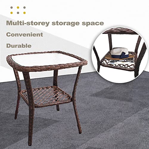 DIMAR GARDEN Outdoor Side Table Wicker Patio Coffee Table with Glass Top and Storage Shelf,Mixed Brown