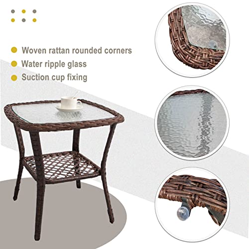 DIMAR GARDEN Outdoor Side Table Wicker Patio Coffee Table with Glass Top and Storage Shelf,Mixed Brown