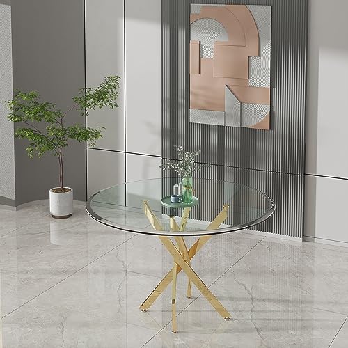 39" Round Dining Table, Glass Kitchen Dining Room Table for 4-6, Modern Circle Small Kitchen Table with 0.39" Tempered Glass Tabletop and Golden Stainless Steel Legs for Dinner Small Spaces