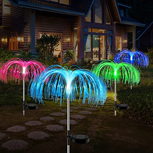 mopha Solar Garden Lights, 4 Pack 7 Color Changing Flower Solar Lights Outdoor Waterproof, Fiber Optic Lights Decorative with Heavy Bulb Base, for Outdoor, Patio, Yard & Garden Decor