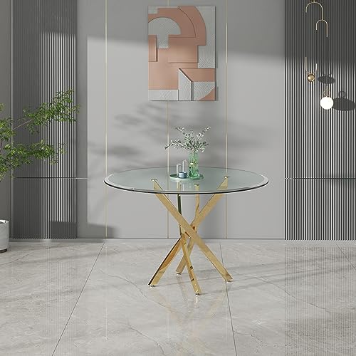 39" Round Dining Table, Glass Kitchen Dining Room Table for 4-6, Modern Circle Small Kitchen Table with 0.39" Tempered Glass Tabletop and Golden Stainless Steel Legs for Dinner Small Spaces