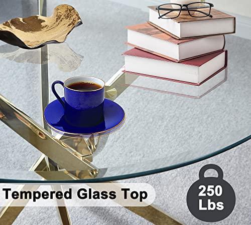 39" Round Dining Table, Glass Kitchen Dining Room Table for 4-6, Modern Circle Small Kitchen Table with 0.39" Tempered Glass Tabletop and Golden Stainless Steel Legs for Dinner Small Spaces