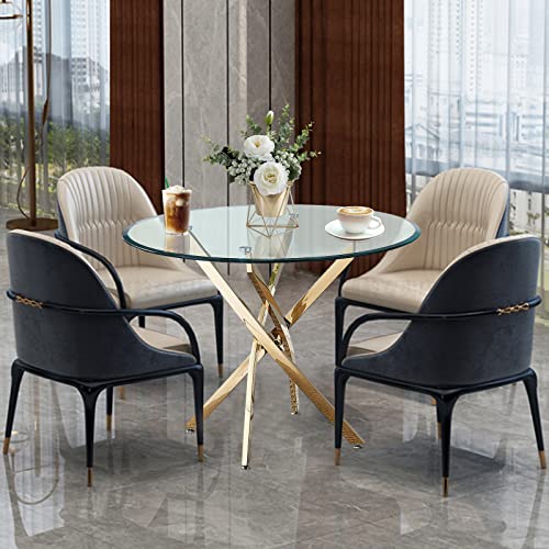 39" Round Dining Table, Glass Kitchen Dining Room Table for 4-6, Modern Circle Small Kitchen Table with 0.39" Tempered Glass Tabletop and Golden Stainless Steel Legs for Dinner Small Spaces