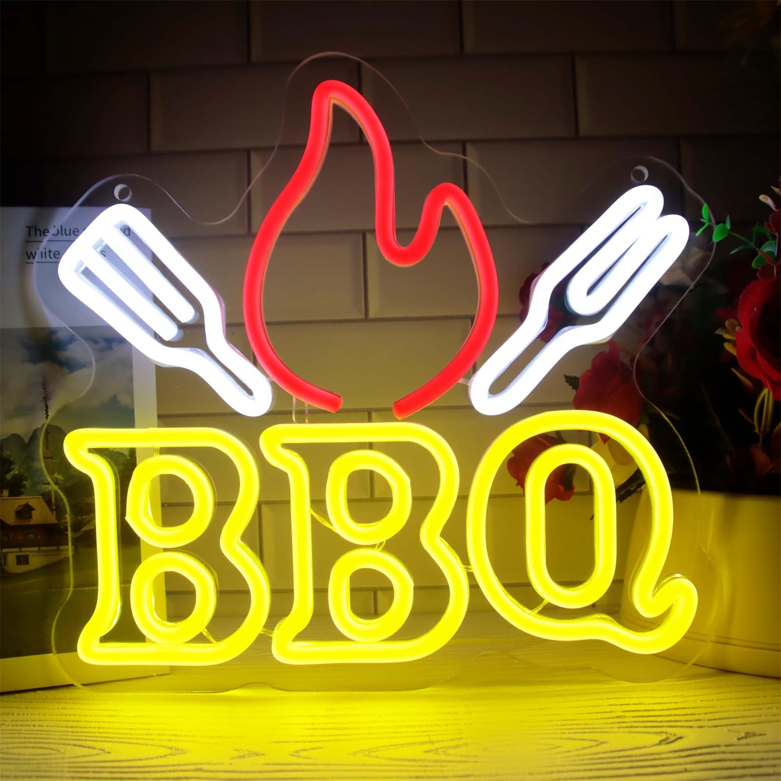MEOMO BBQ Neon Lights Kebab Led Neon Sign Barbecue Shop Open Sign Wall Mounted Night Light for Barbecue Restaurant Neon Art Wall Hanging Decorative Usb With Switch