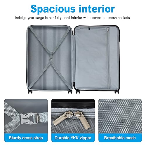 KEYTANG Explorer Light Weight Luggage Hardside Expandable Luggage Spinner Wheels Luggage Suitcase W/TSA Lock 3-Piece Luggage Set, Include 20" Carry on Luggage Suitecase (20in/24in/28in), Grey