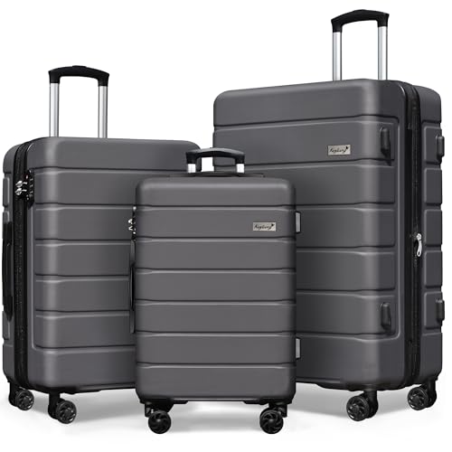 KEYTANG Explorer Light Weight Luggage Hardside Expandable Luggage Spinner Wheels Luggage Suitcase W/TSA Lock 3-Piece Luggage Set, Include 20" Carry on Luggage Suitecase (20in/24in/28in), Grey