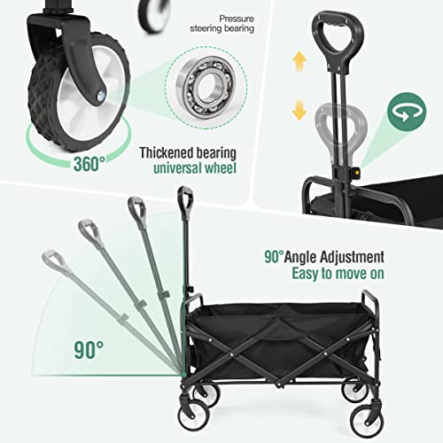 Collapsible Folding Wagon, Heavy Duty Utility Beach Wagon Cart with Side Pocket, Large Capacity Foldable Grocery Wagon for Garden Sports Outdoor Use