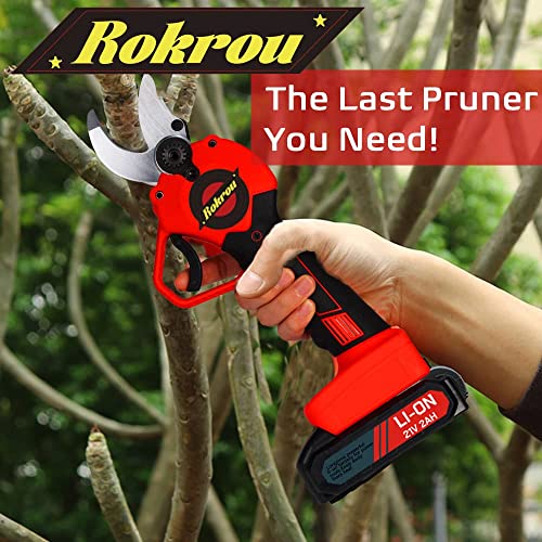 Rokrou Electric Pruning Shears For Gardening Cordless Tree Pruner 1.57" (40mm) Cutting Diameter With 2 Pack 21V Rechargeable Battery & Replacement Blade Set Red
