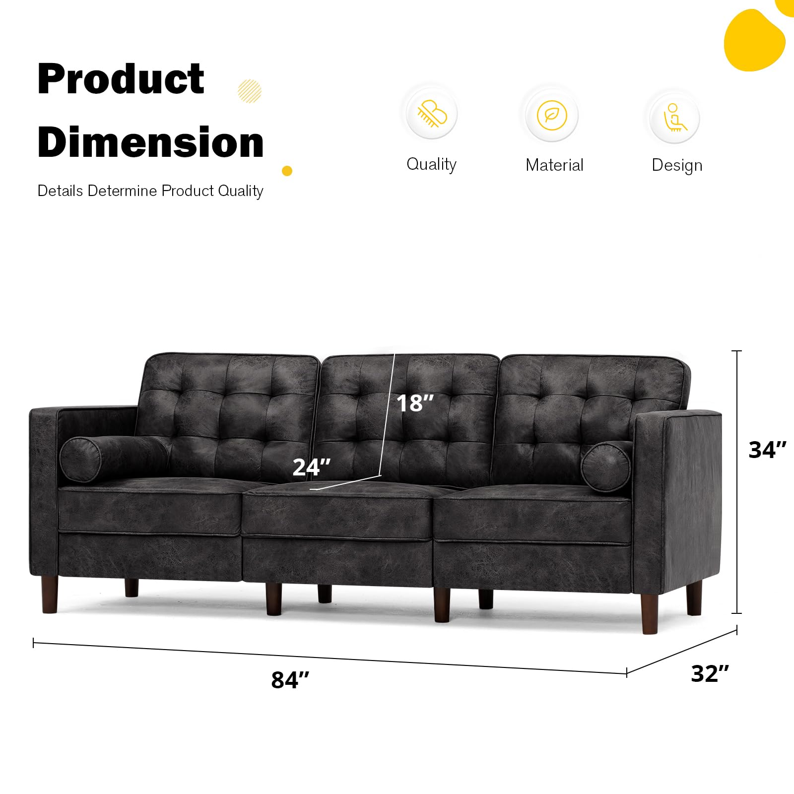 Lesofair 84" Faux Leather 3-seat Sofa with 2 Bolster Pillows, Tufted Couch with Wooden Legs, Morden Sofa Suitable for Living Room, Office, Black