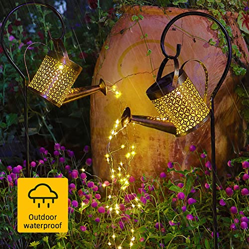 BQOQB Watering can with Garden Decor Lights-Retro Waterproof Copper Solar Twinkle Lights for Outdoor,Pathway,Yard,Deck,Lawn,Patio,Walkway Party Decorations, Gifts for Mom