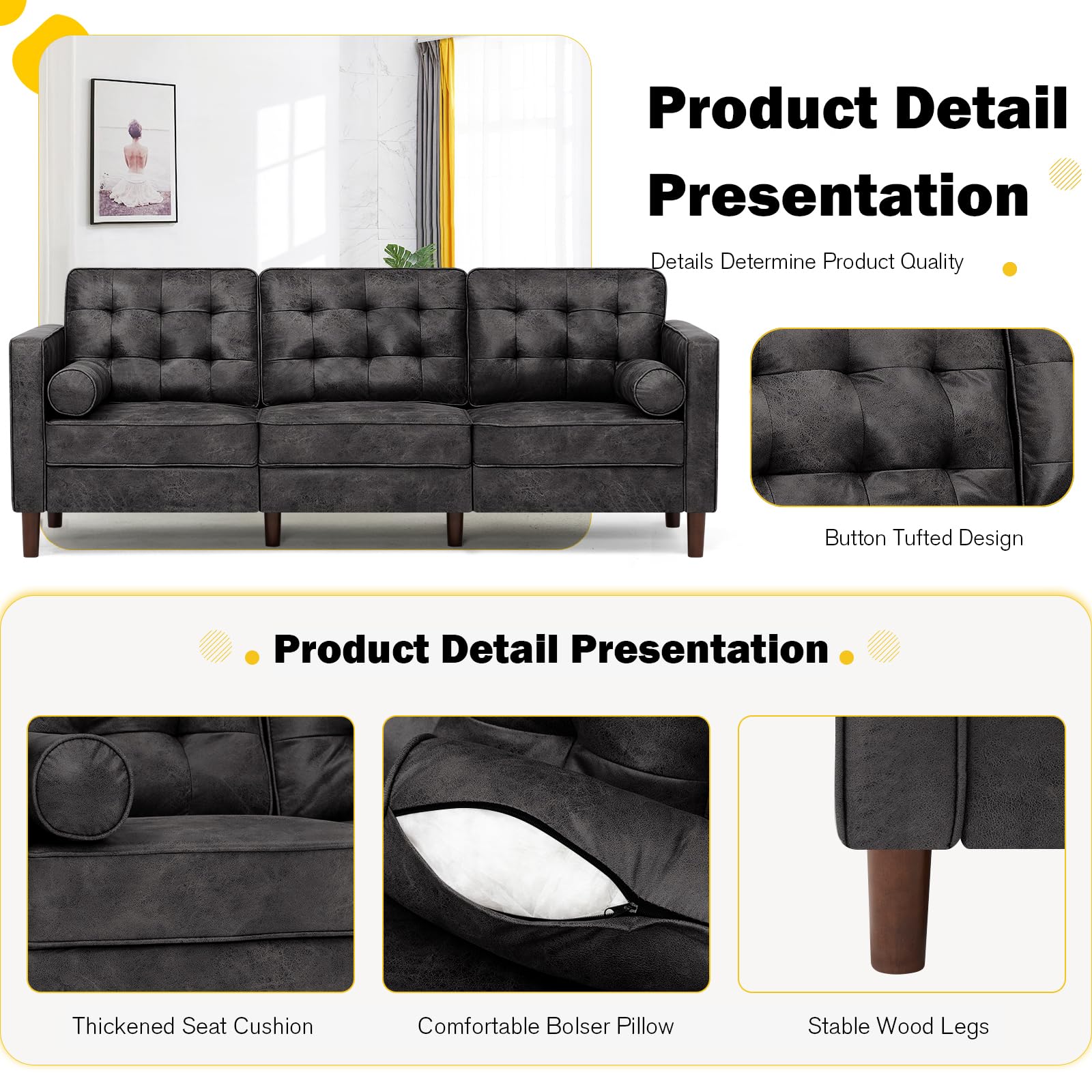 Lesofair 84" Faux Leather 3-seat Sofa with 2 Bolster Pillows, Tufted Couch with Wooden Legs, Morden Sofa Suitable for Living Room, Office, Black