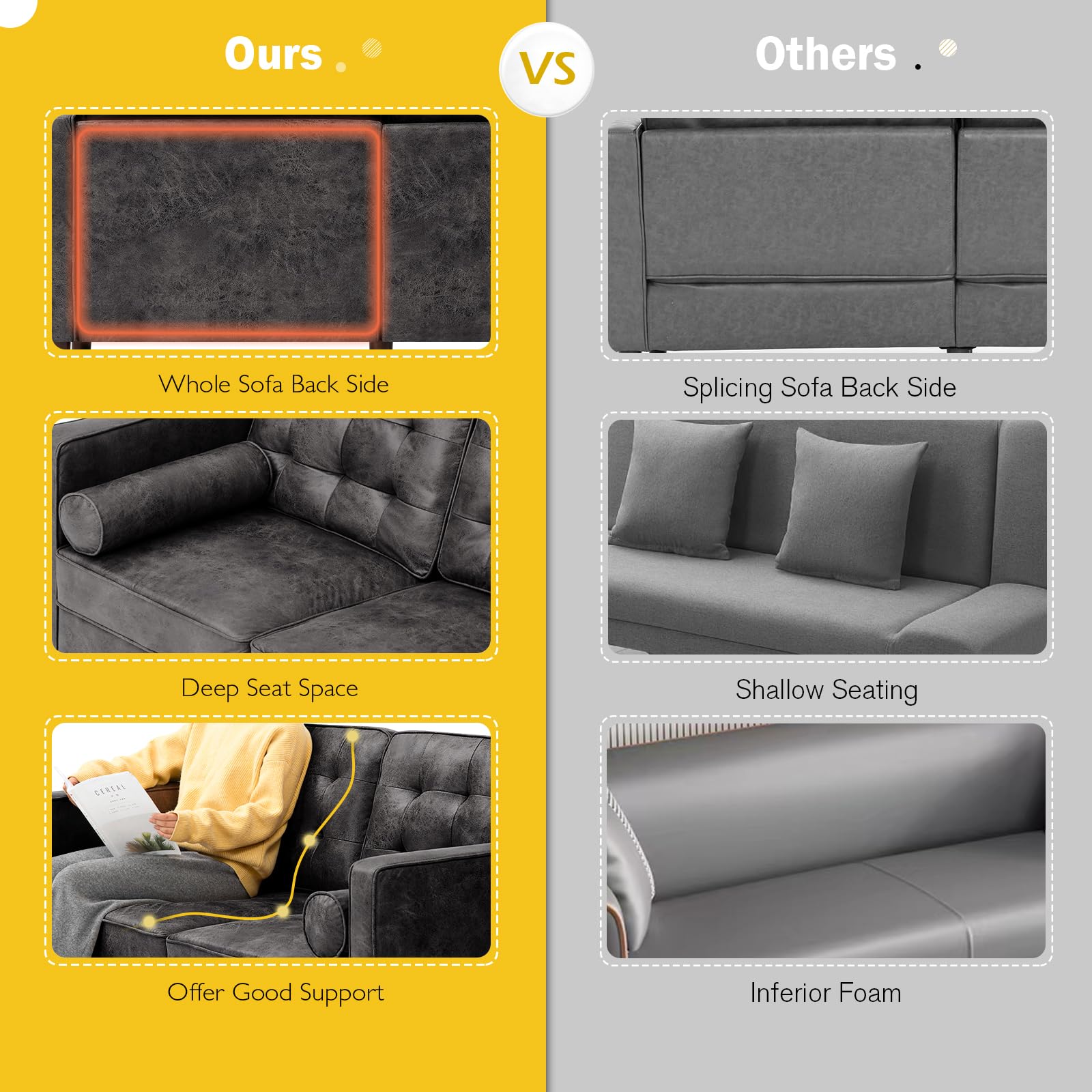 Lesofair 84" Faux Leather 3-seat Sofa with 2 Bolster Pillows, Tufted Couch with Wooden Legs, Morden Sofa Suitable for Living Room, Office, Black