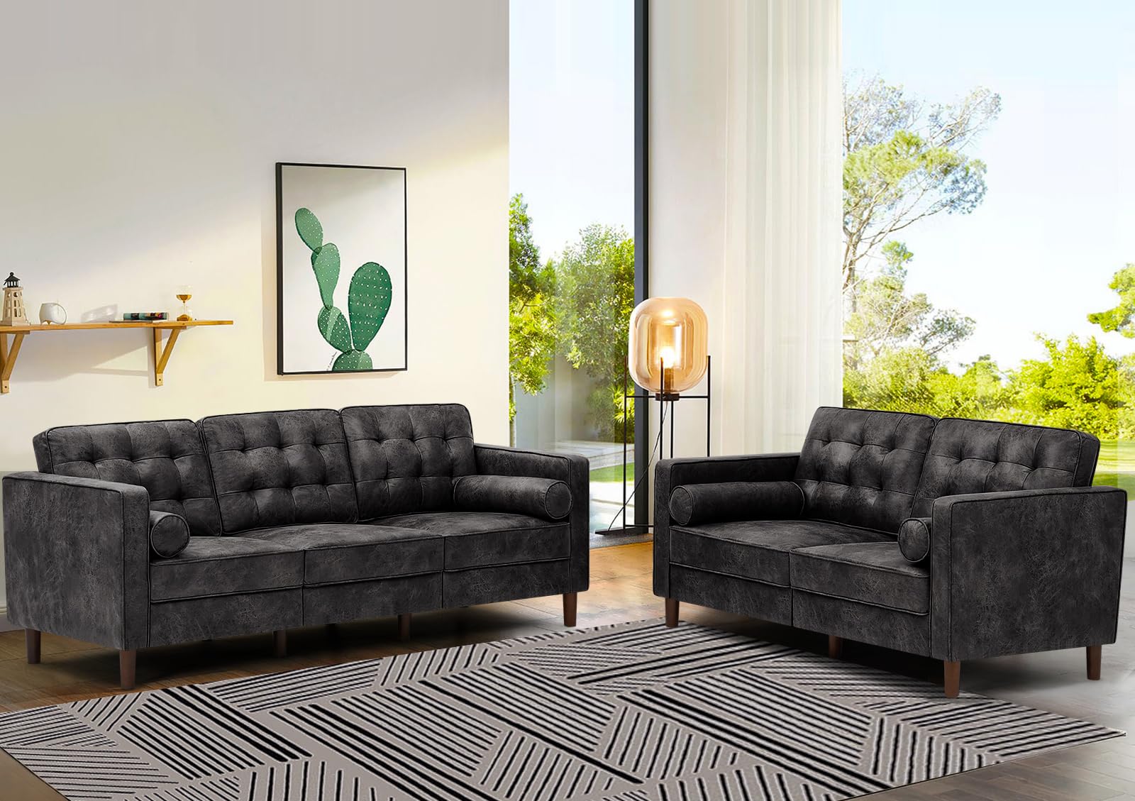 Lesofair 84" Faux Leather 3-seat Sofa with 2 Bolster Pillows, Tufted Couch with Wooden Legs, Morden Sofa Suitable for Living Room, Office, Black