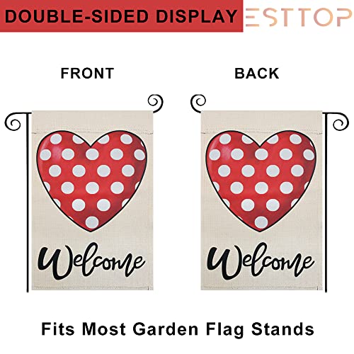 Valentines Day Garden Flag, ESTTOP 12×18 Inch Double Sided Vertical Welcome Potka Dot Heart Yard Flag, Farmhouse Rustic Valentines Day Decor for Outdoor