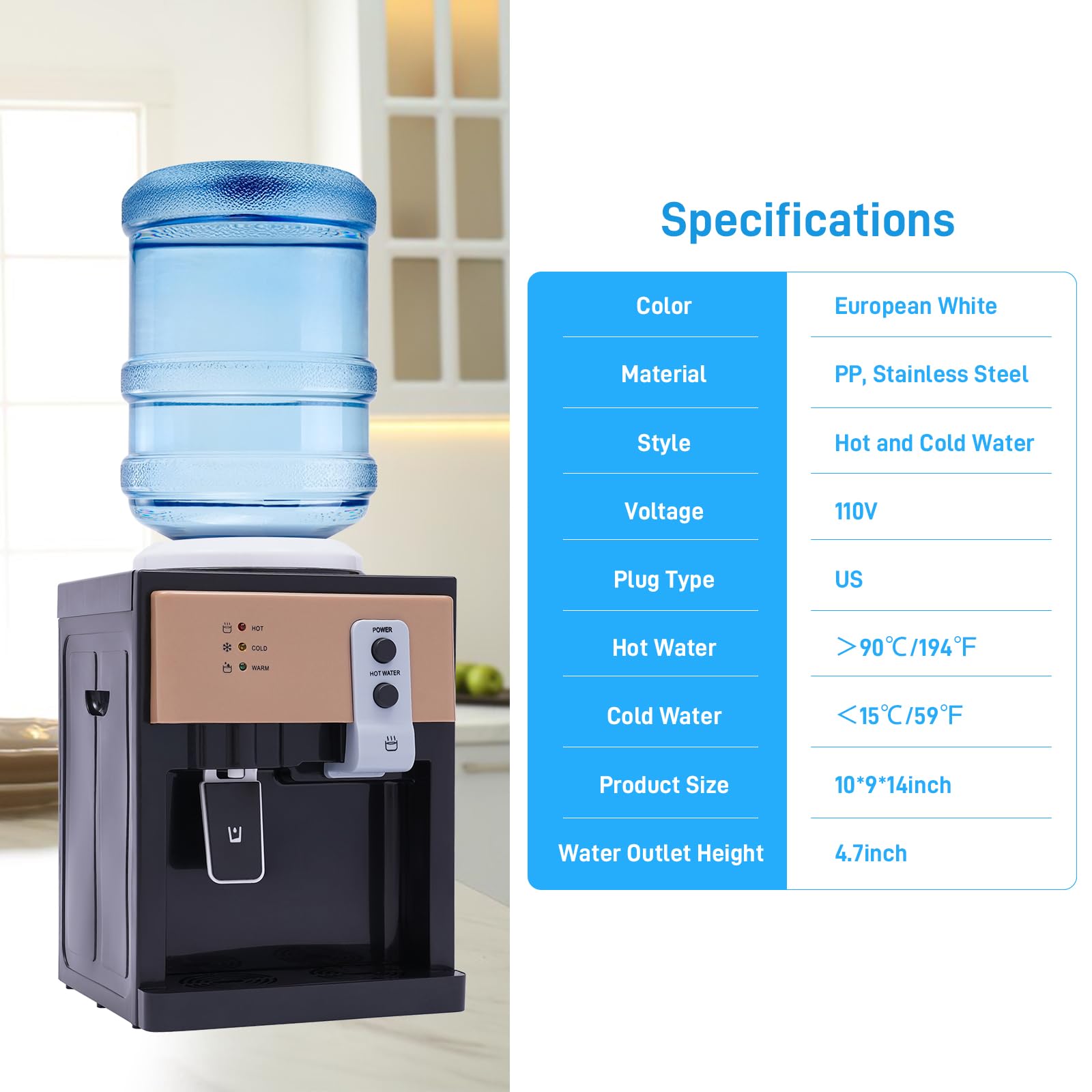 YIPONYT Top Loading Countertop Water Cooler Dispenser, 3 Temperature Settings Hot & Cold Water Dispenser, Holds 1.2 to 5 Gallon Bottles for Home/Office/Dormitory Use…