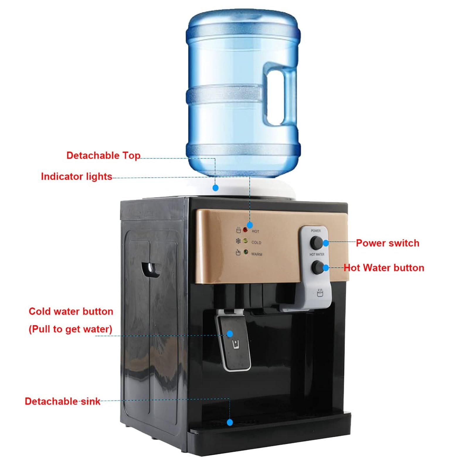 YIPONYT Top Loading Countertop Water Cooler Dispenser, 3 Temperature Settings Hot & Cold Water Dispenser, Holds 1.2 to 5 Gallon Bottles for Home/Office/Dormitory Use…