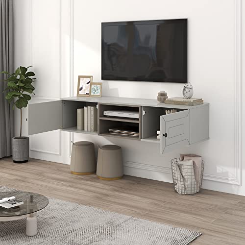 HAUSHECK Modern Floating Stand for 65 Inch TVs with 2 Large Storage, 3 Levels Adjustable Shelves, Cable Management & Magnetic Cabinet Door, Wall Mounted Entertainment Center Media Console, Beige