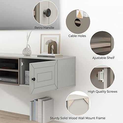 HAUSHECK Modern Floating Stand for 65 Inch TVs with 2 Large Storage, 3 Levels Adjustable Shelves, Cable Management & Magnetic Cabinet Door, Wall Mounted Entertainment Center Media Console, Beige