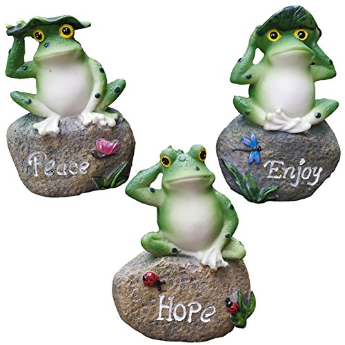 LANKER Frog Garden Statues – 3 Pack 5 Inch Frogs Sitting on Stone Sculptures Outdoor Decor Fairy Garden Ornaments