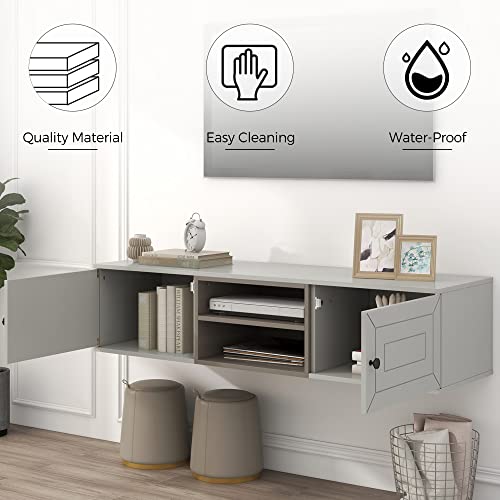 HAUSHECK Modern Floating Stand for 65 Inch TVs with 2 Large Storage, 3 Levels Adjustable Shelves, Cable Management & Magnetic Cabinet Door, Wall Mounted Entertainment Center Media Console, Beige