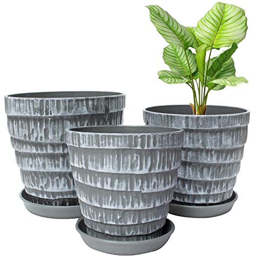 Plant Pots, 7.5/6.5/5.5 Inch Set of 3 Planters Flower Pots with Drainage Hole and Tray, Macetas Para Plantas Plastic Pots for Indoor Outdoor Plants